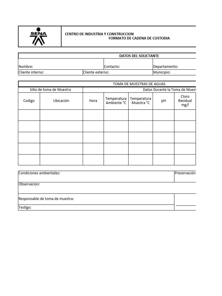 Formatos de Cadena de Custodia y Recepcion de Muestra en El Laboratorio | PDF | Química