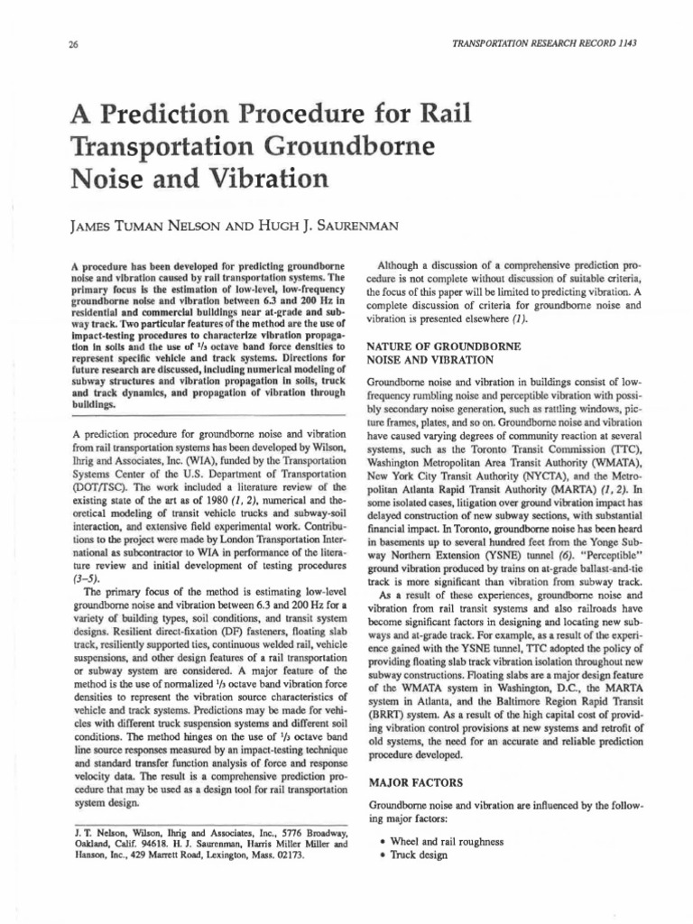 A Prediction Procedure For Rail Transportation and Groundborne Noise and Vibration | PDF ...