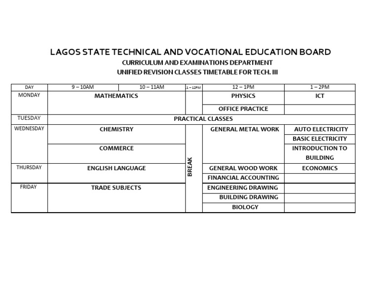 Timetable For Unified Revision Classes For Tech III | PDF