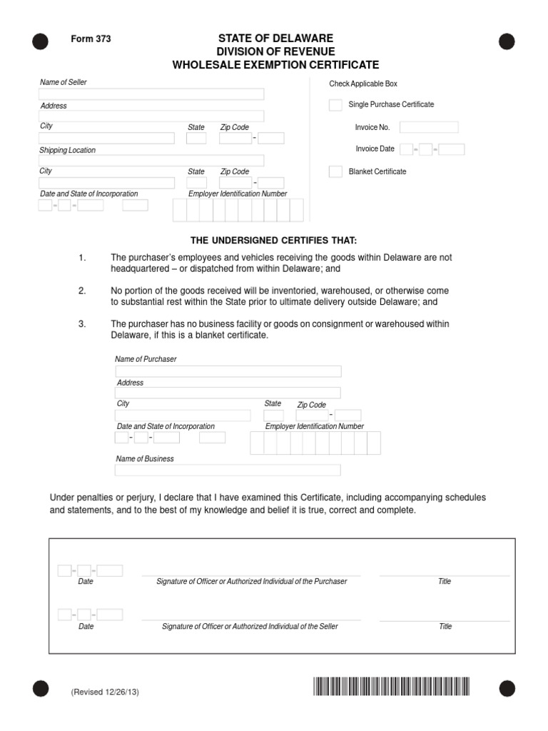 State of Delaware Division of Revenue Wholesale Exemption Certificate ...