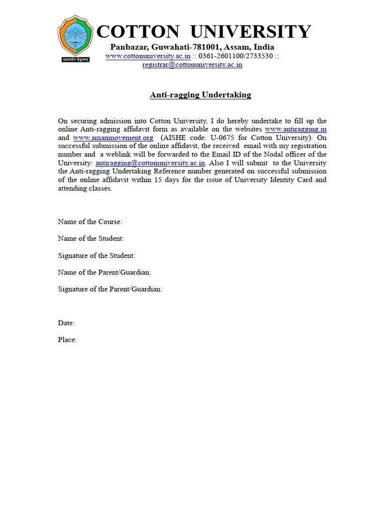 Anti Ragging Undertaking | PDF