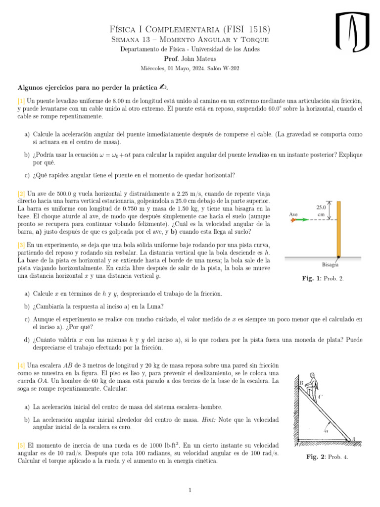 Física I Complementaria (FISI-1518) : Semana 13 - Momento Angular y Torque | PDF | Fricción | Masa