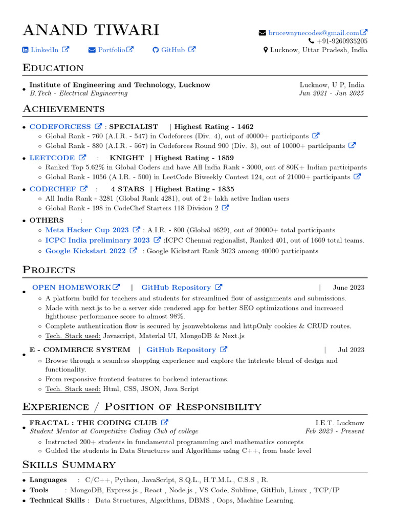 Anand Tiwari's Engineering Portfolio | PDF | Java Script | Software Development