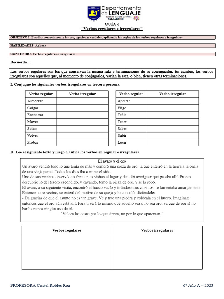 Guía 6 - Verbos Regulares e Irregulares | PDF | Verbo | Conjugación ...