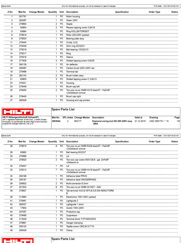 Hilti DD 200 Spare Parts List | PDF | Manufactured Goods