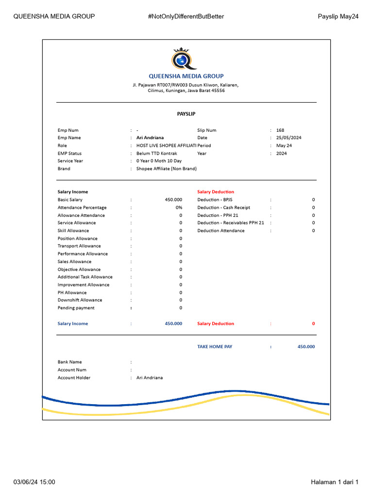 Ari Andriana - Payslip - Mei25 | PDF | Payments | Money