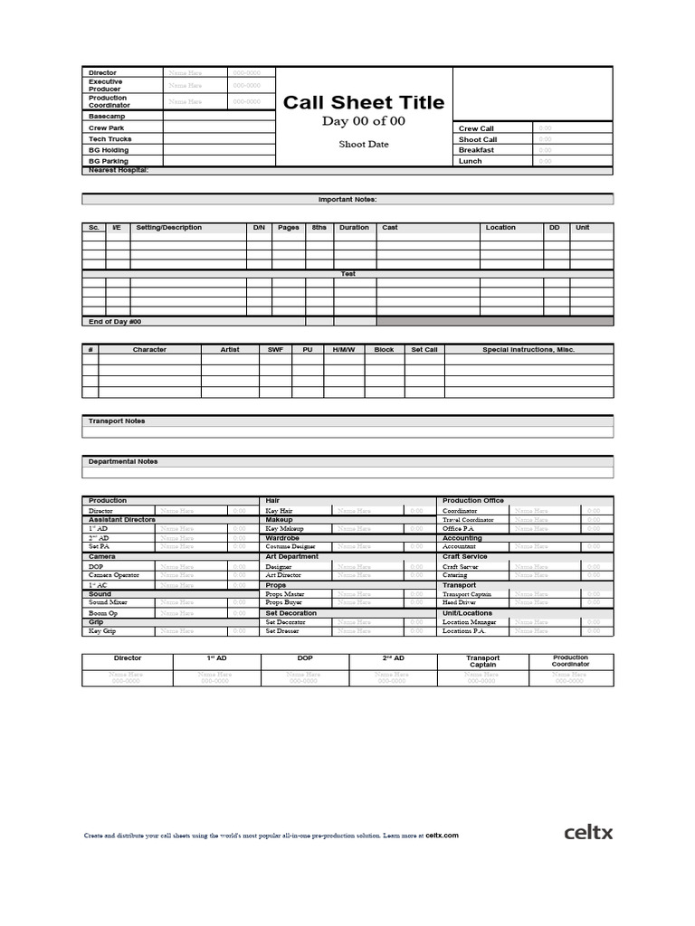 Celtx Call Sheet Template | Download Free PDF | Film Production ...