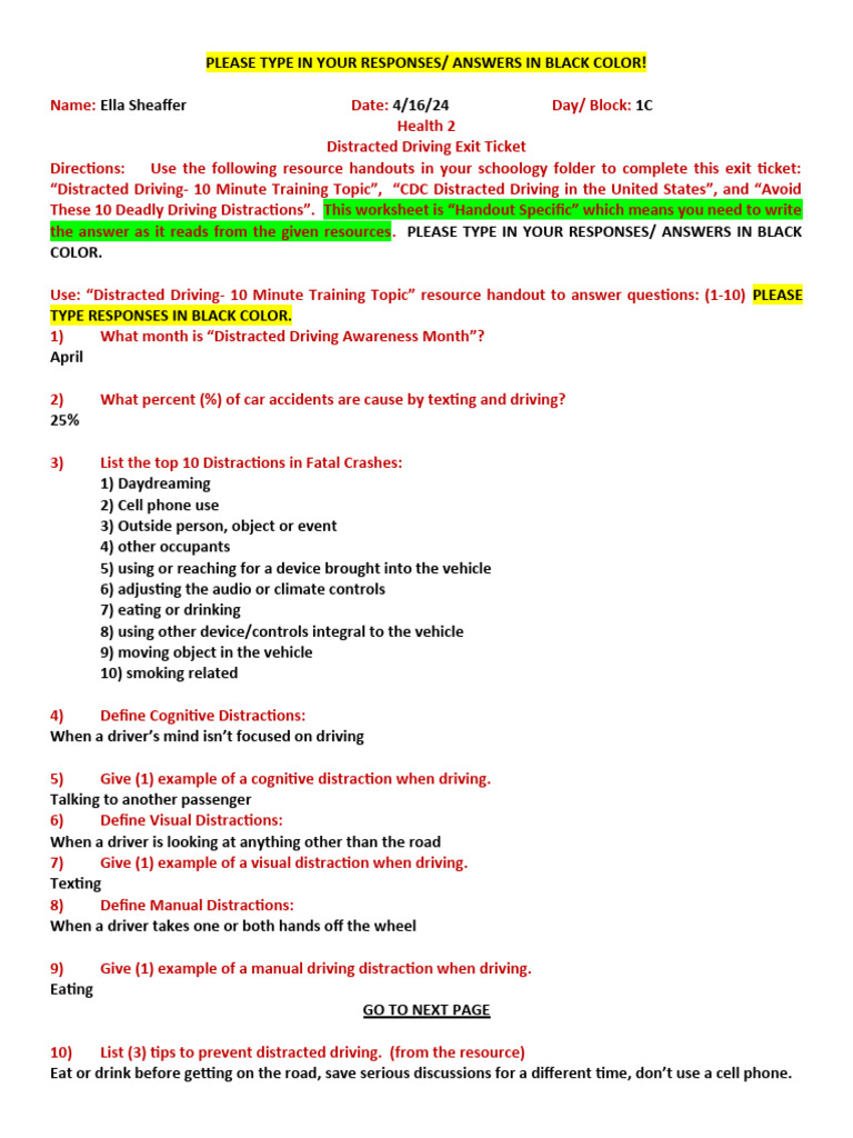 Distracted Driving Exit Ticket | Download Free PDF | Driving | Road ...