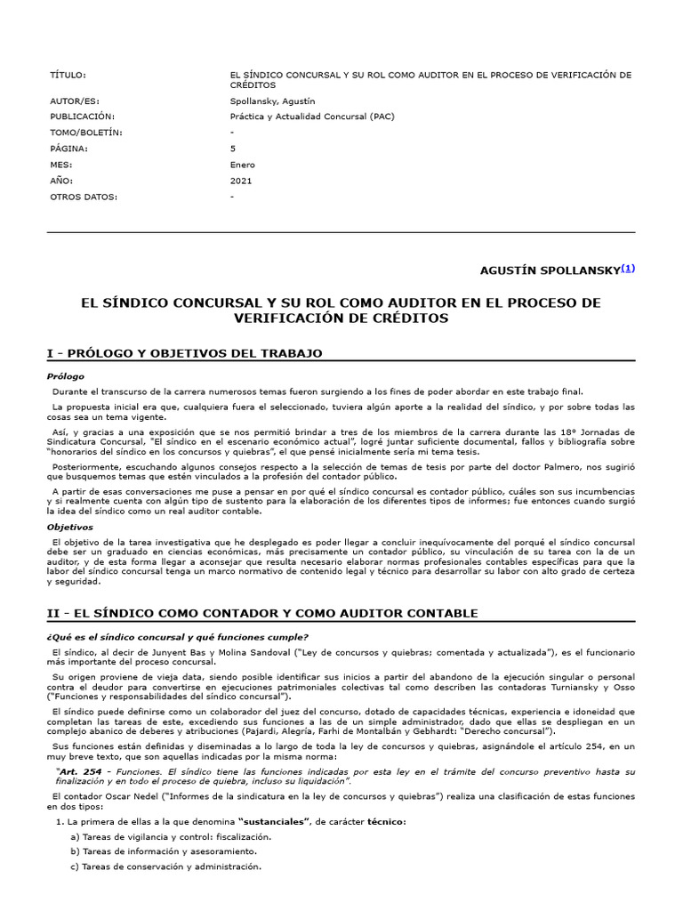 El Síndico Concursal y Su Rol Como Auditor en El Proceso de Verificación de Créditos | Descargar ...