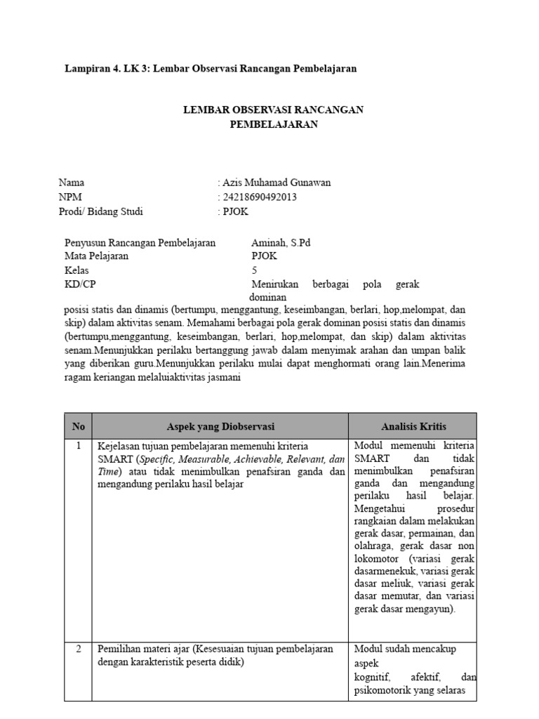 PPL 1_Siklus 2_ LK 3 - Lembar Observasi rancangan dan perangkat pembelajaran | PDF