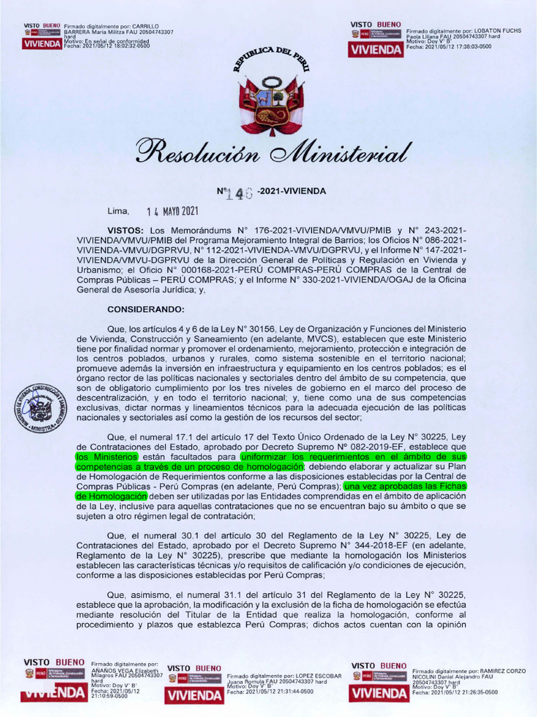 RM 146-2021-VIVIENDA Aprobación de 04 Fichas de Homologacion MVCS | PDF | Perú | Regulación