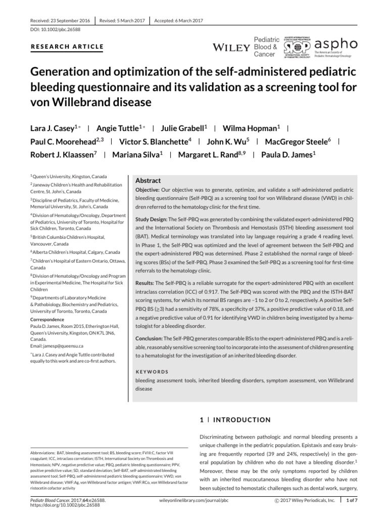 Pediatric Bleeding Questionnaire for VWD | PDF | Bleeding | Hemostasis