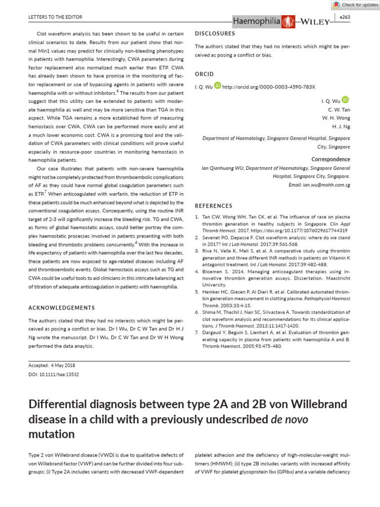 Haemophilia - 2018 - Pagliari - Differential Diagnosis Between Type 2A ...