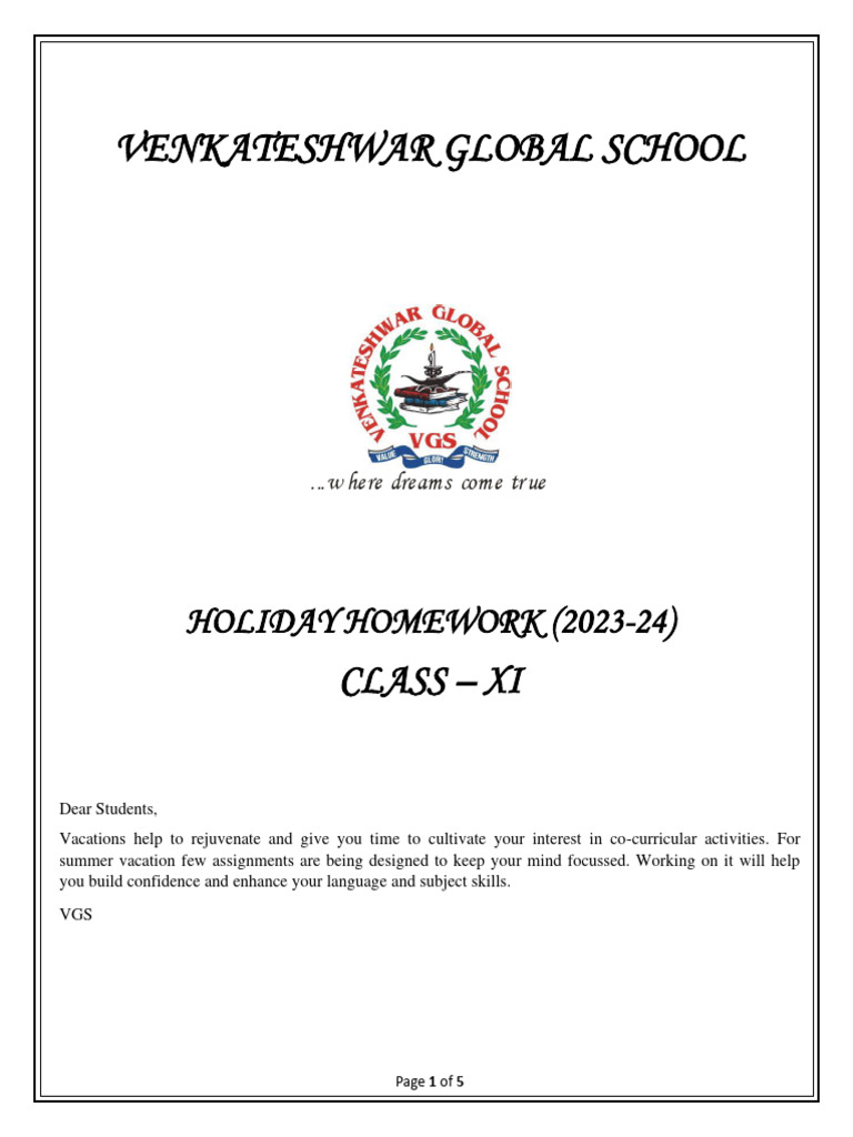 Class Xi Holiday Homework Pdf