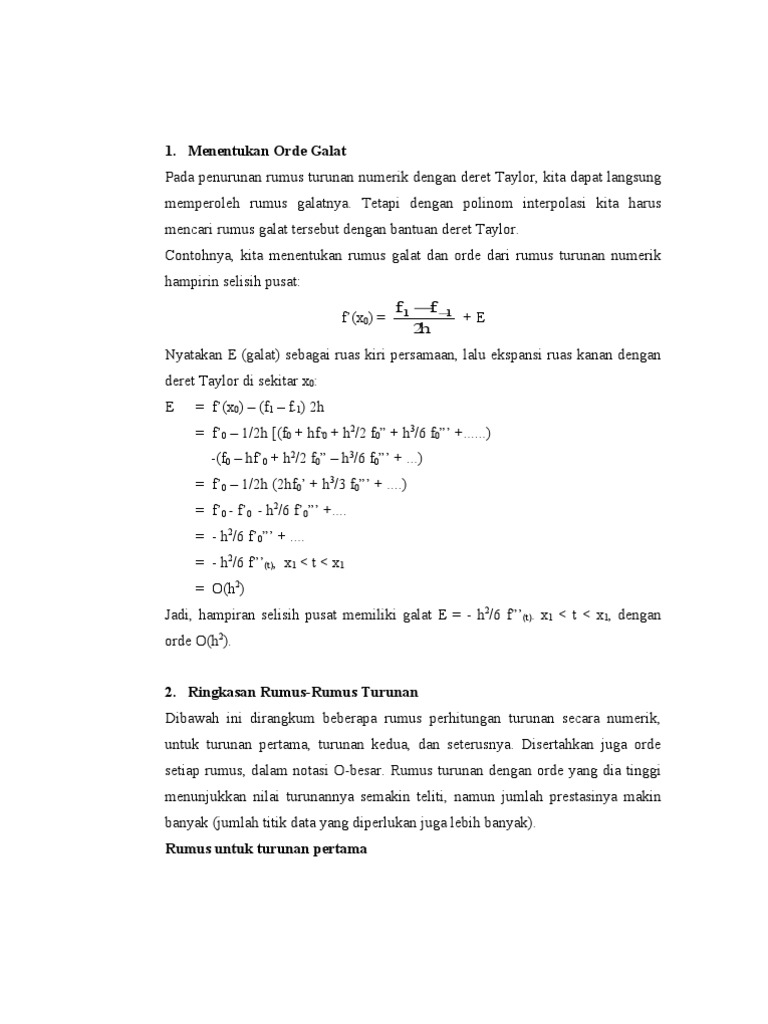 Orde Galat dan Rumus Turunan Numerik | PDF