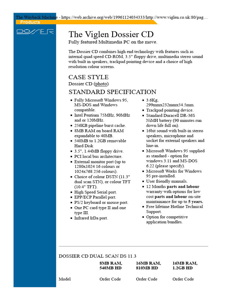 Viglen Dossier CD Specifications | PDF | Random Access Memory | Personal Computers