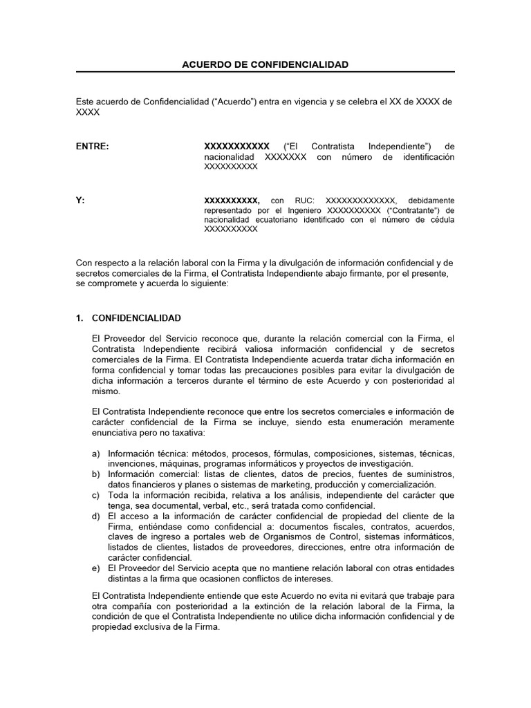 Modelo de Acuerdo de Confidencialidad | PDF | Negocios