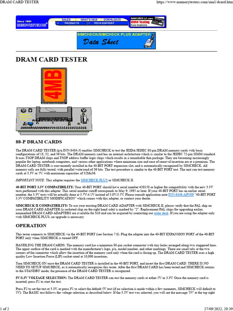 Memorytesters - 88 Pin JEIDA DRAM CARD TESTER | PDF | Dynamic Random ...