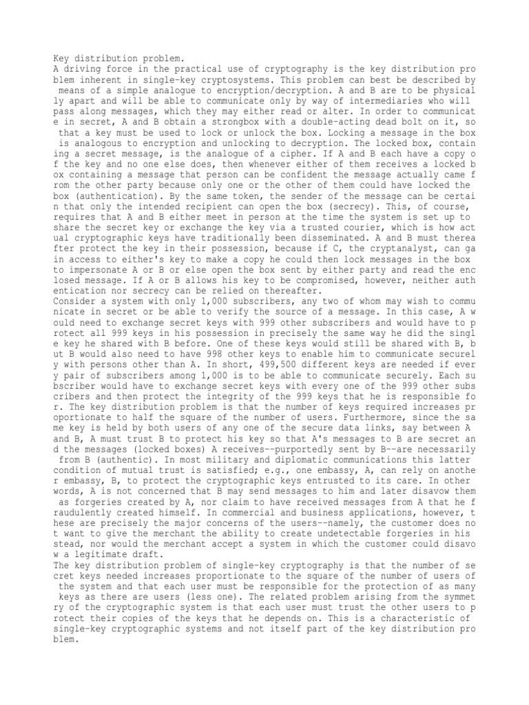 Key Distribution Problem | PDF | Key (Cryptography) | Cryptography