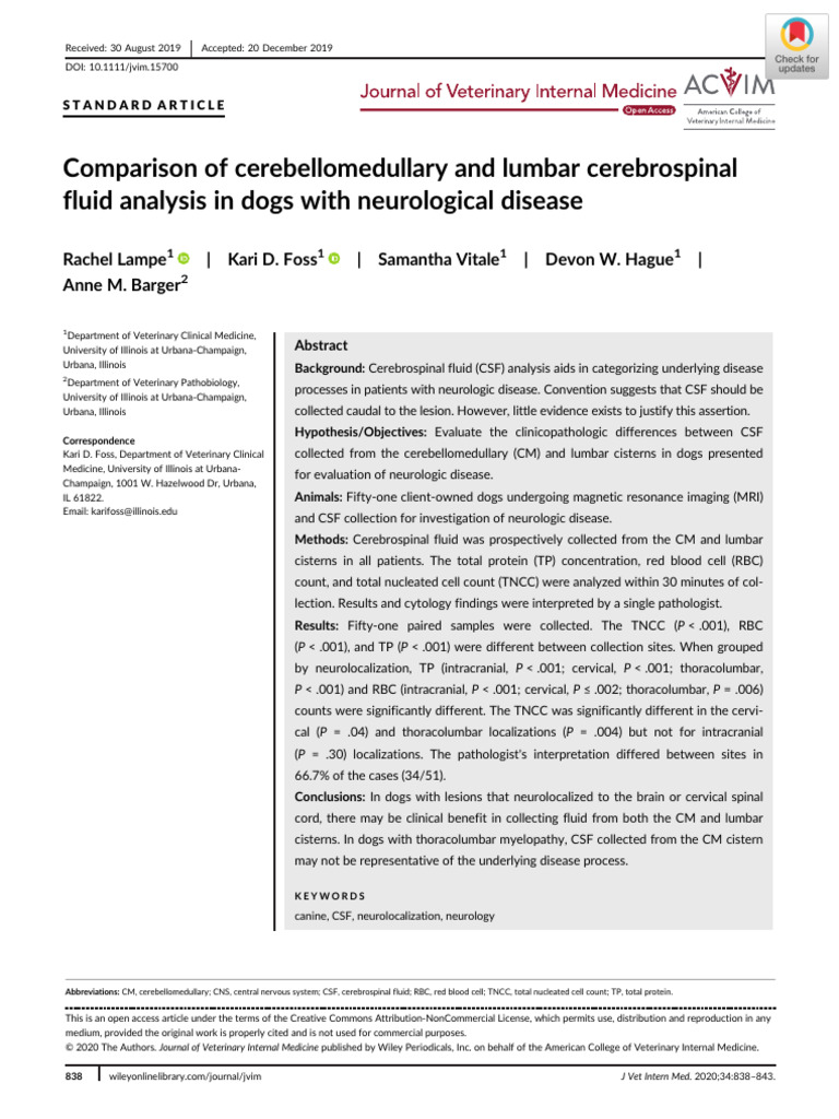 Comparison of Cerebellomedullary and Lumbar Csf in Dogs With ...