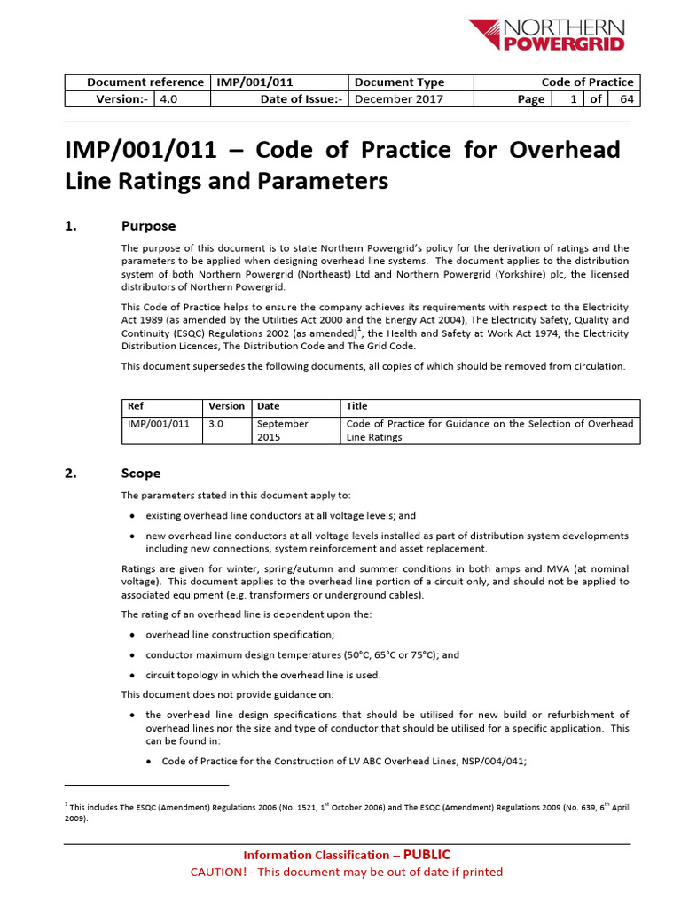IMP/001/011 - Code of Practice For Overhead Line Ratings and Parameters | PDF | Electric Power ...