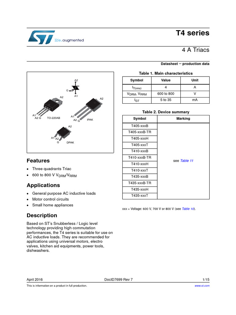 T4 Series 4A Triacs Datasheet | PDF | Alternating Current | Root Mean ...
