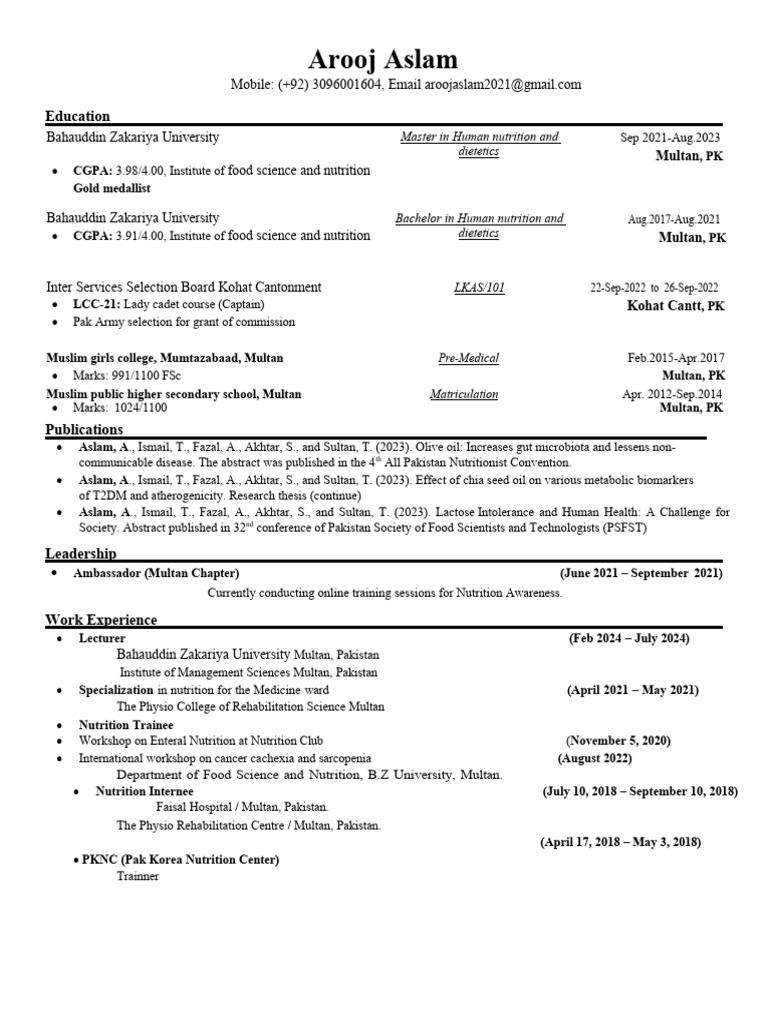 Dn. Arooj Aslam CV 2024 | PDF | Dietitian | Nutrition