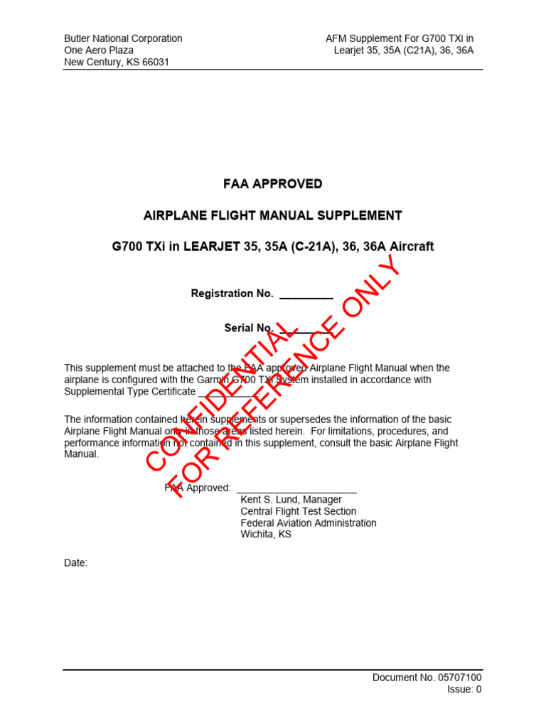Faa Approved Airplane Flight Manual Supplement G700 Txi in Learjet 35 ...