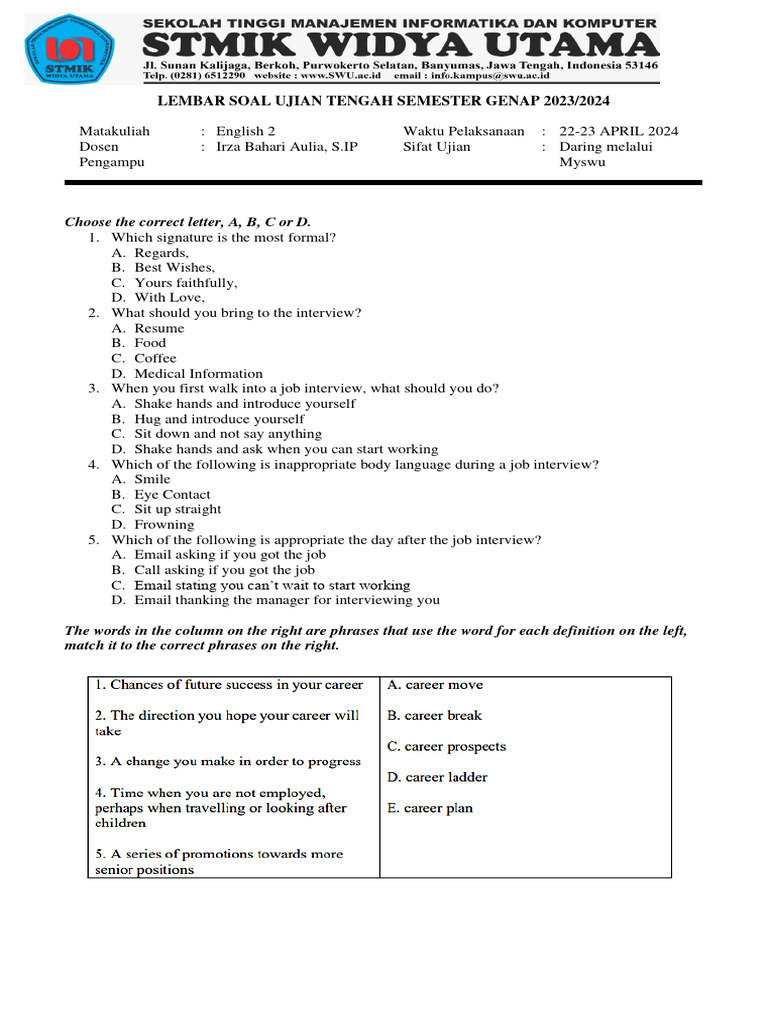 Soal UTS English 2 | PDF | Human Communication