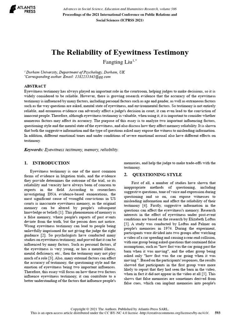 The Reliability of Eyewitness Testimony: Fangting Liu | PDF | Witness ...