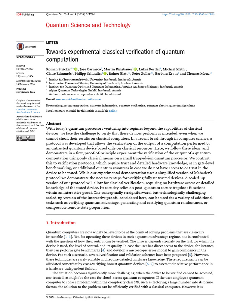 Towards Experimental Classical Verification of Qua | PDF | Quantum Computing | Formal Verification