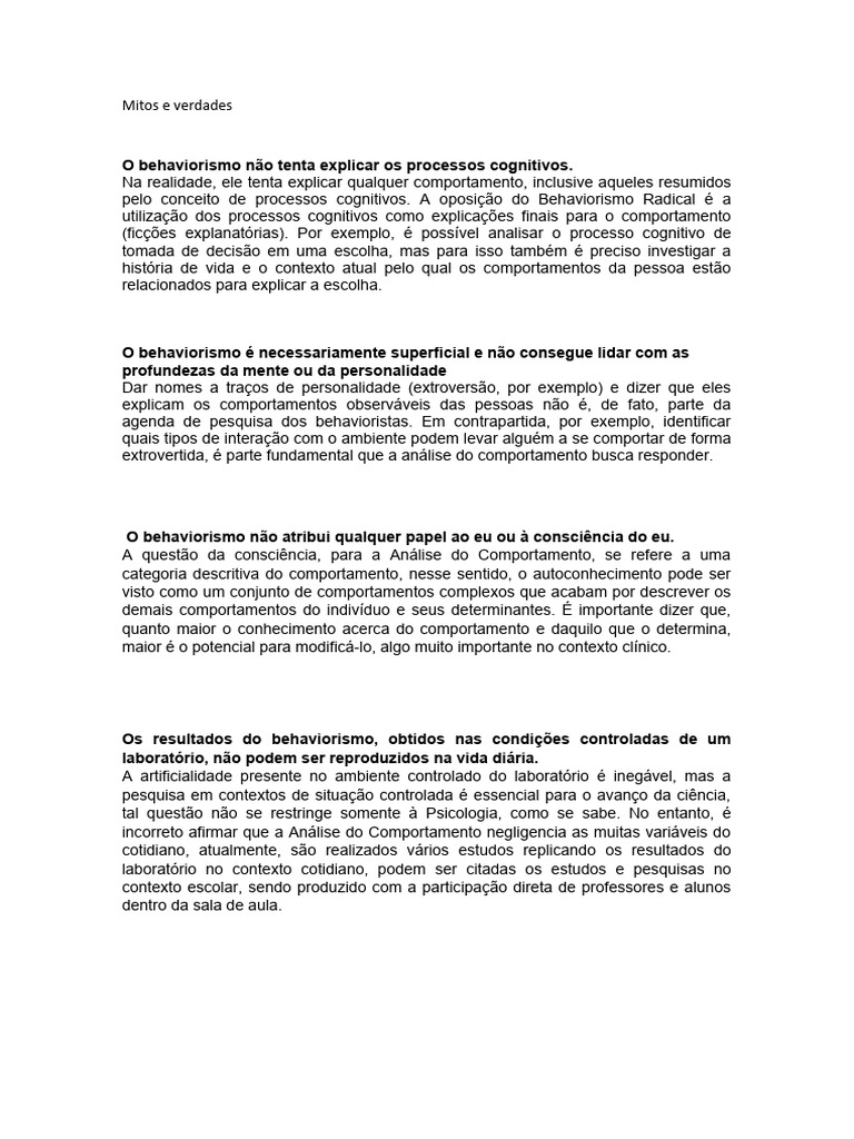 Mitos E Verdades Pdf Comportamento Behaviorismo