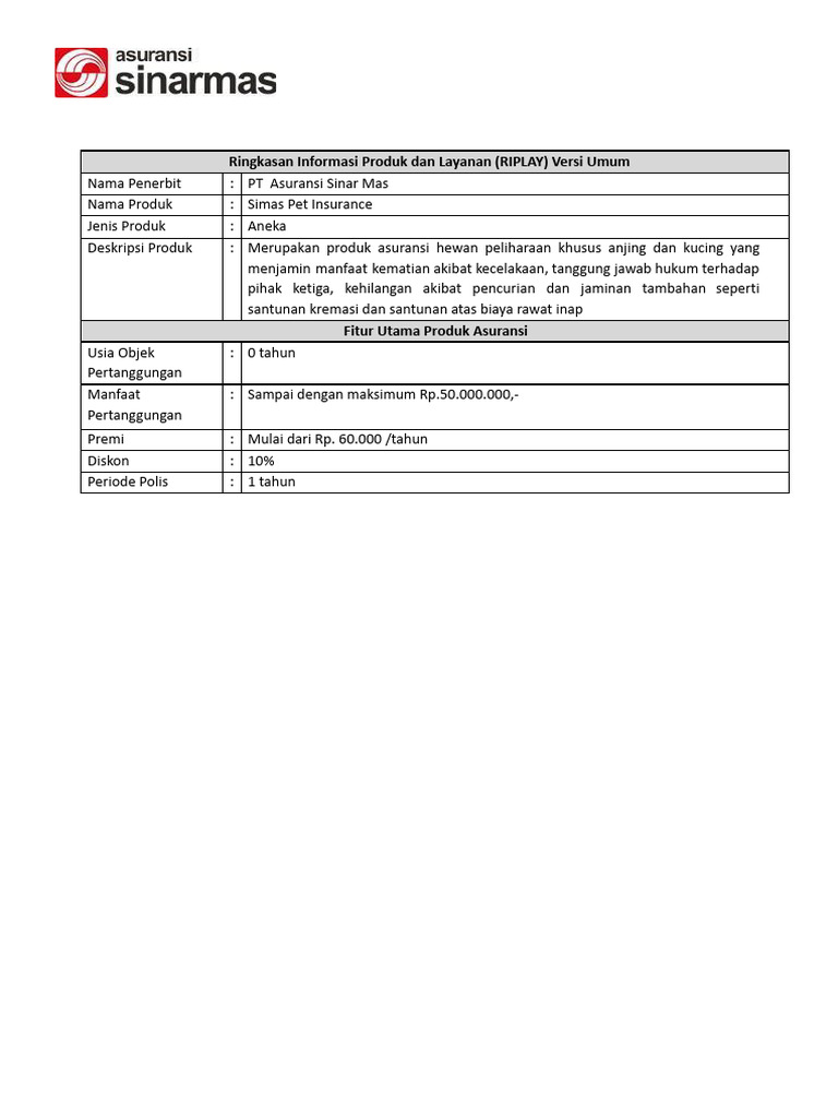 RIPLAY Umum Simas Pet Insurance | PDF