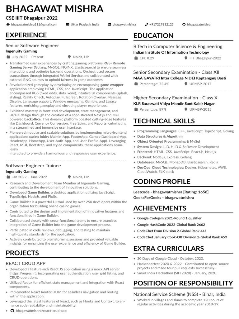 Bhagawat Mishra Senior Software Engineer 2024 | PDF | Computer Engineering | Systems Architecture