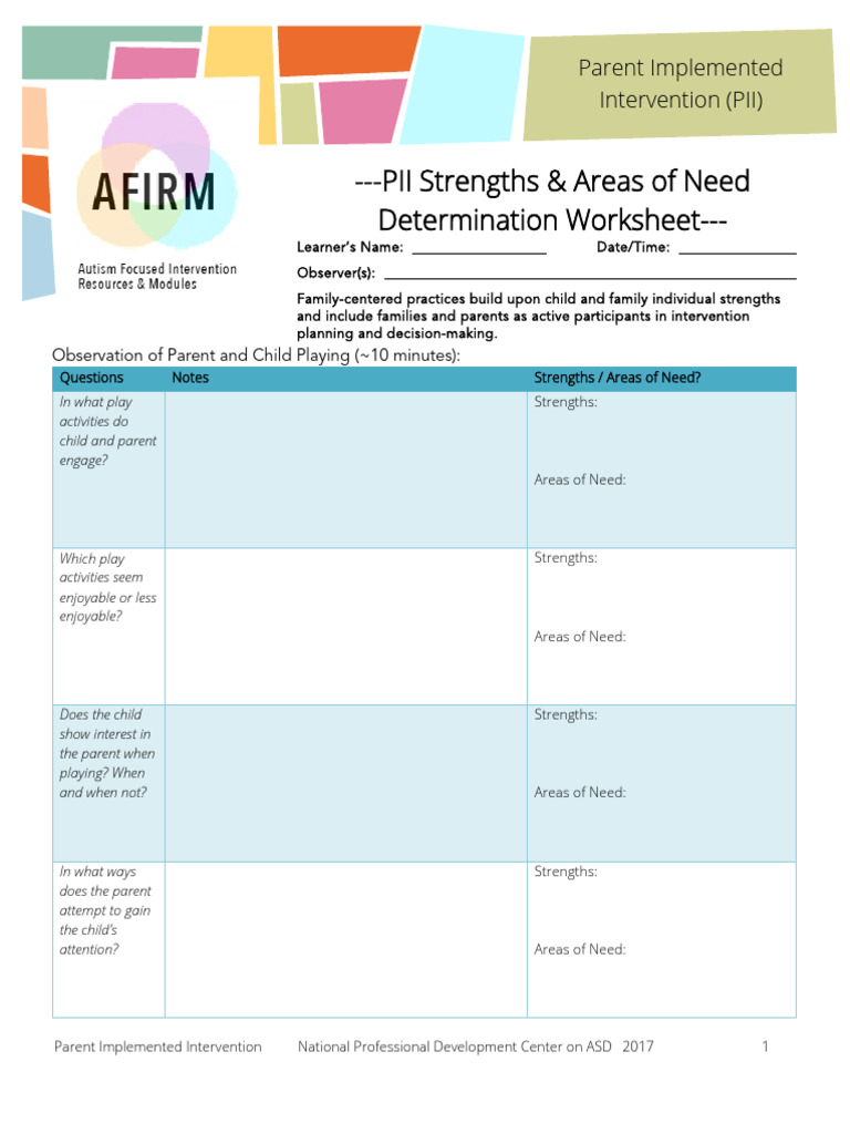 PII Strengths and Areas of Need Determination Worksheet | PDF | Autism ...