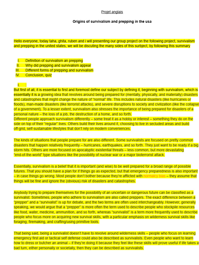 Projet Anglais | PDF | Survivalism | Hazards