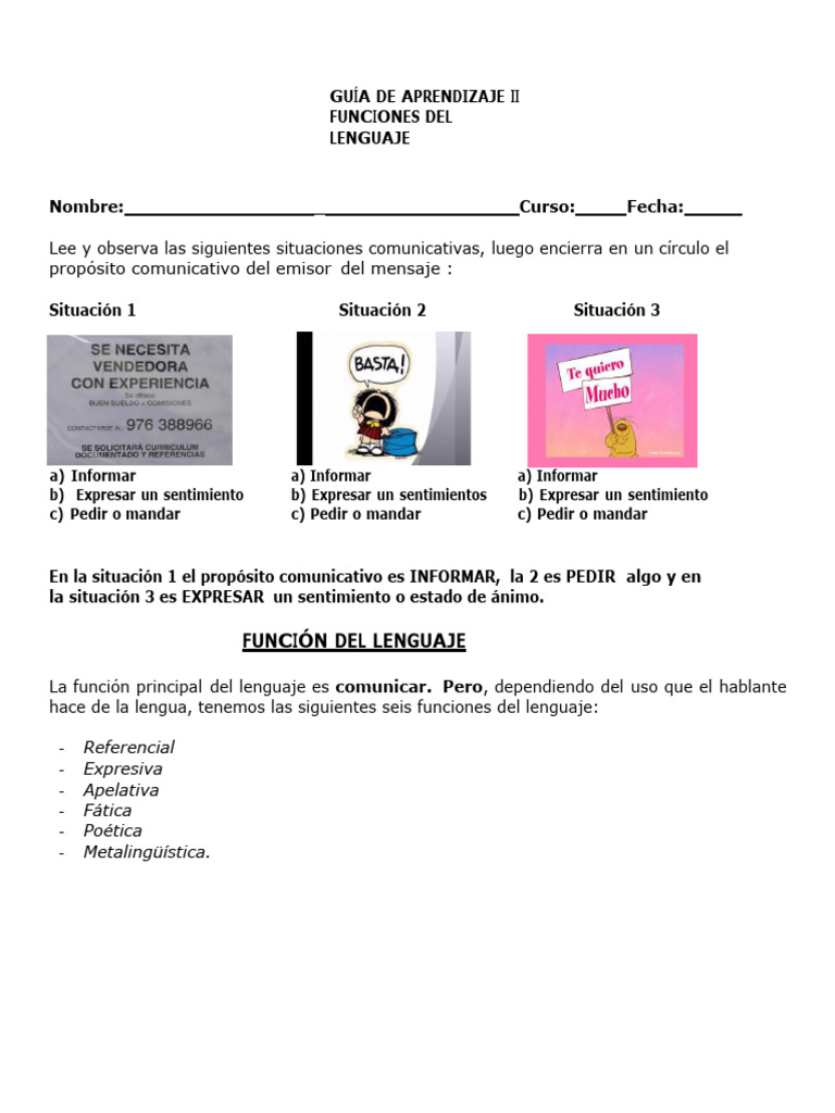 Funciones del Lenguaje: Guía de Aprendizaje | PDF | Comunicación ...