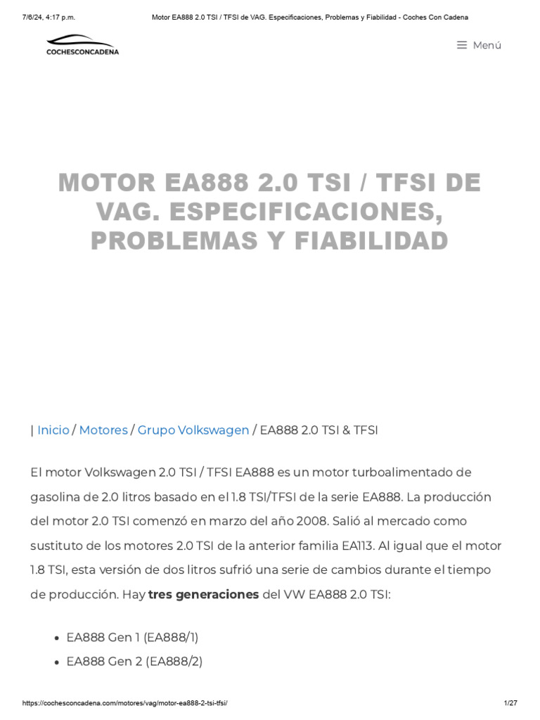 Motor EA888 2.0 TSI - TFSI de VAG. Especificaciones, Problemas y ...