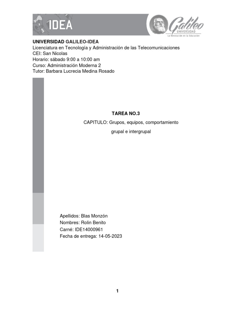 Administración Moderna 2 Tarea No. 3 - IDE - 14000961 | PDF | Comportamiento | Motivación