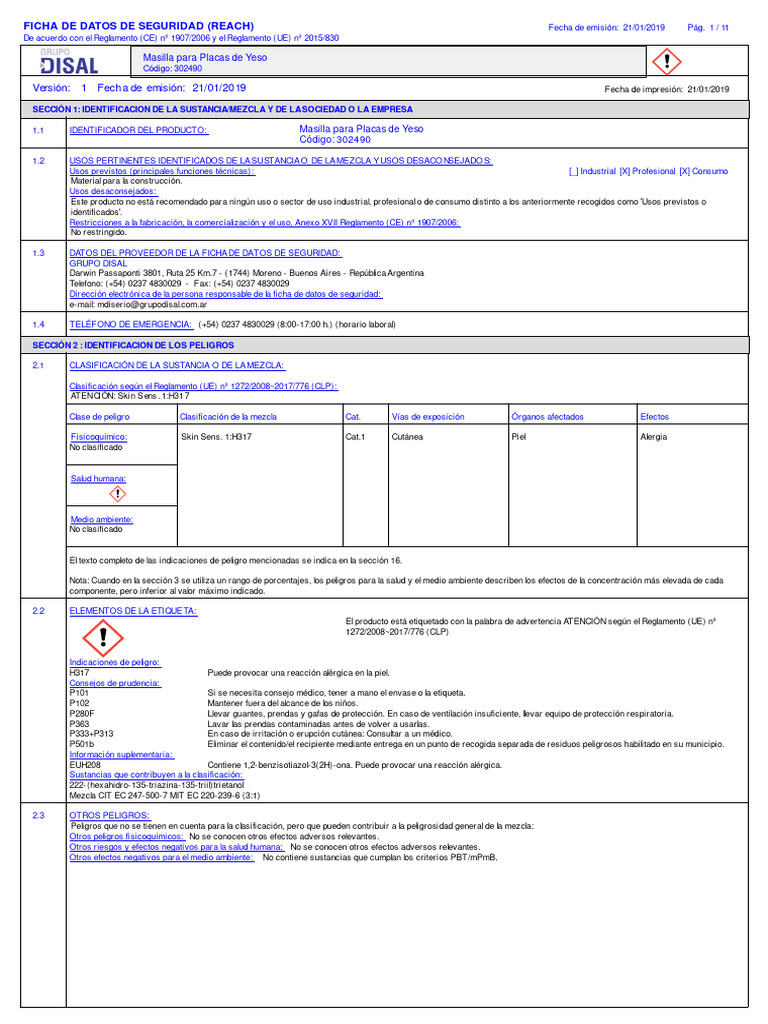 126-Msds-Masilla para Tabla Yeso | PDF | Alergia | Corrosión