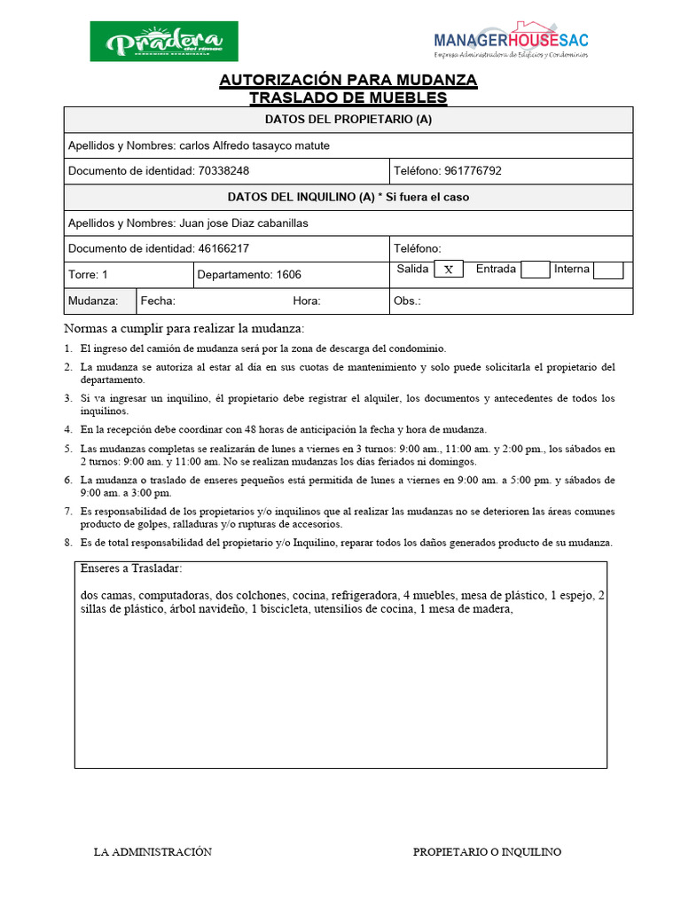 Modelo Autorización Mudanza | PDF