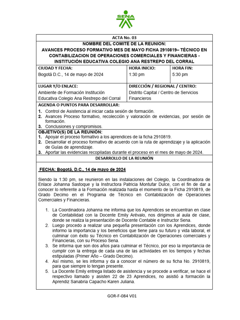 GOR-F-084 - Formato - de - Acta - 03 - Mayo-V01 (2) N | PDF