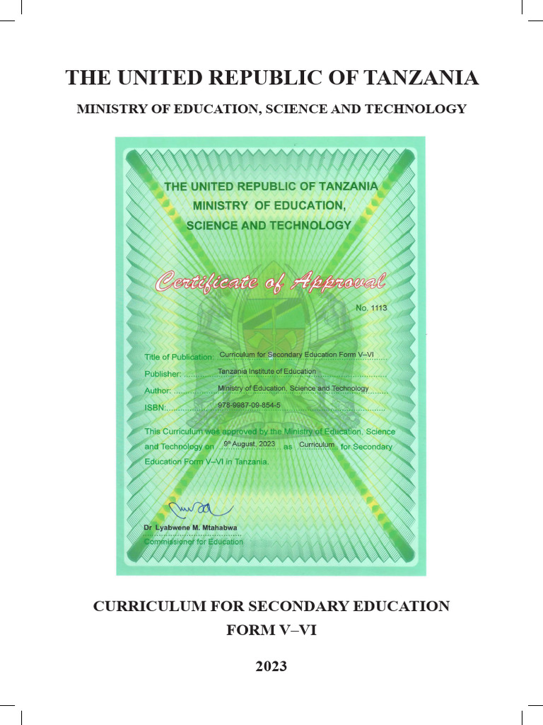 Curriculum For Secondary Education Form V - VI | PDF | Chemistry | Curriculum