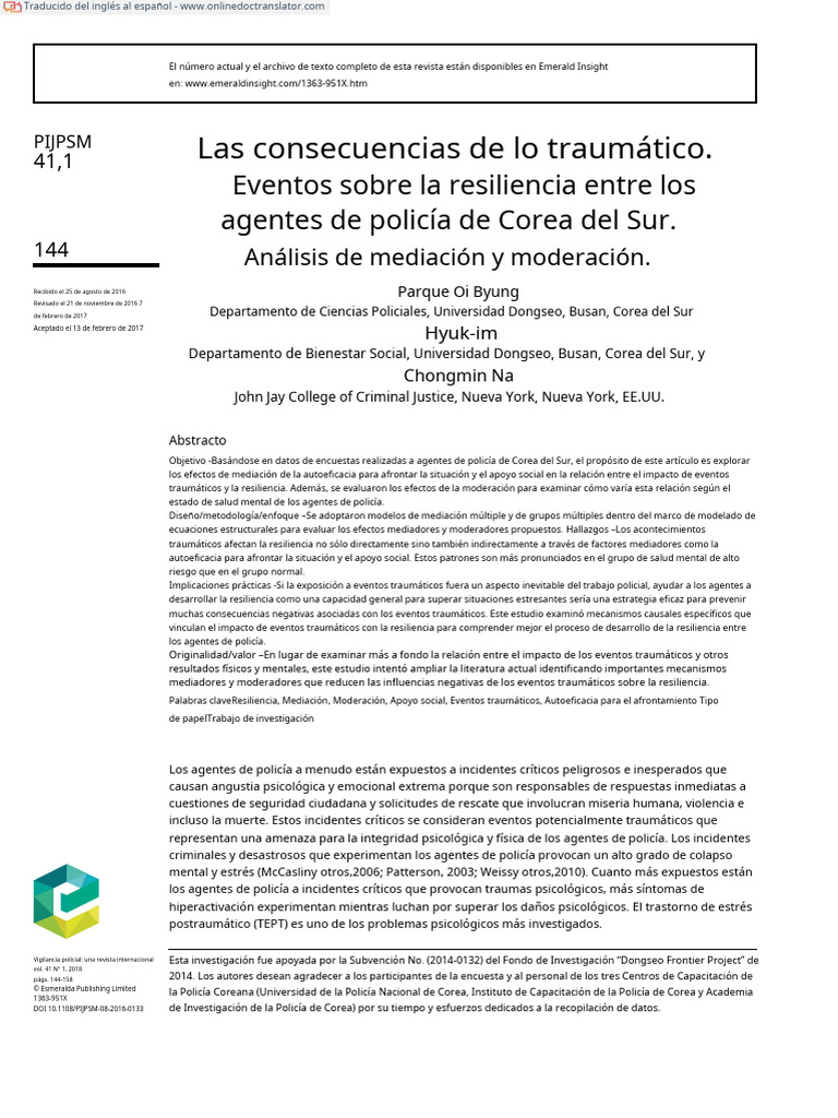 The consequences of traumatic events on resilience among South Korean ...