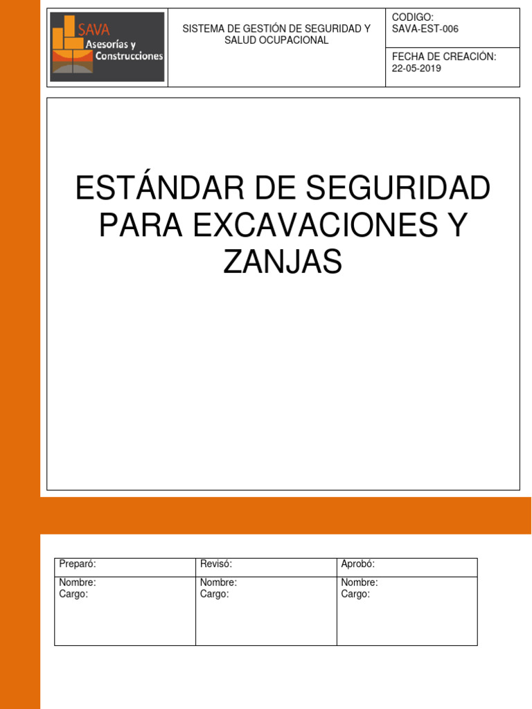 Sava-Est-006 Estándar de Seguridad para Excavaciones y Zanjas | PDF | Roca (geología) | Agua