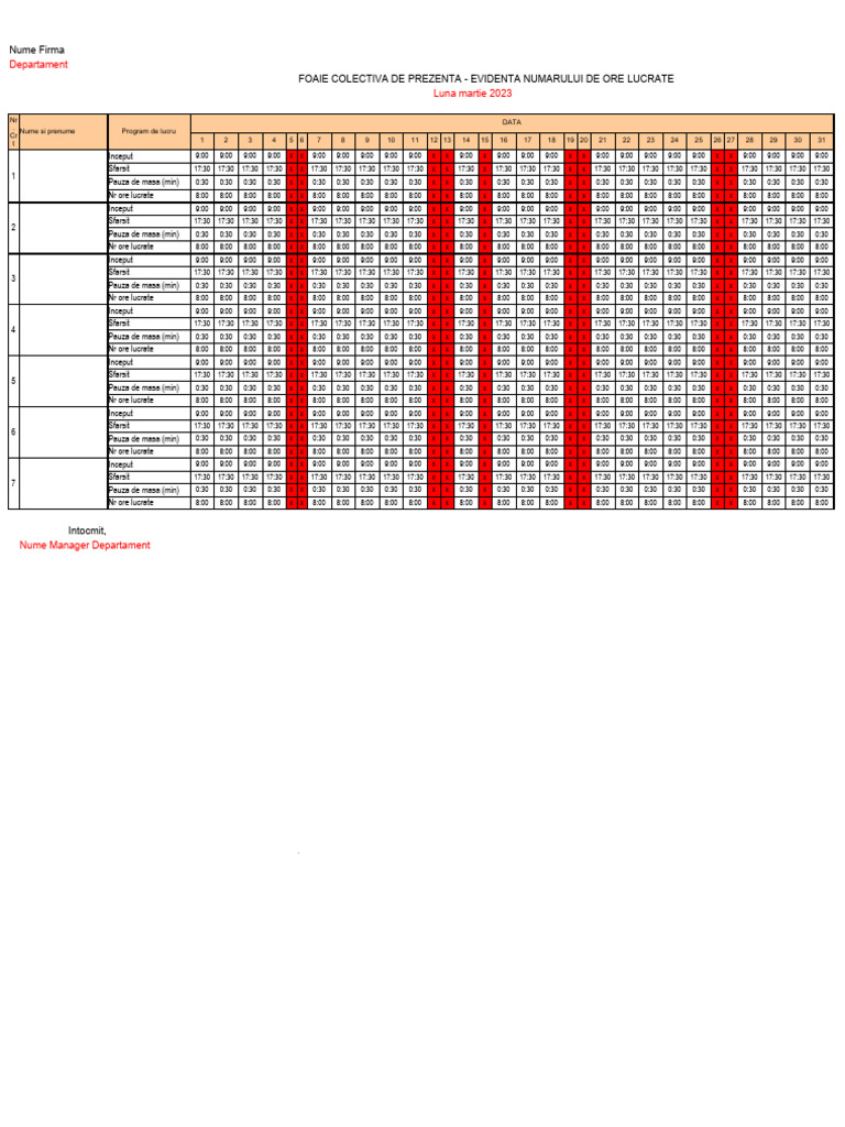 Foaie Pontaj Zilnic 2023 | PDF | Teaching Methods & Materials