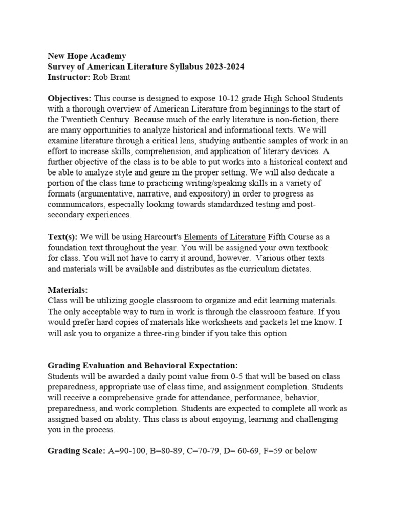 American Literature Syllabus | PDF | Curriculum | Learning