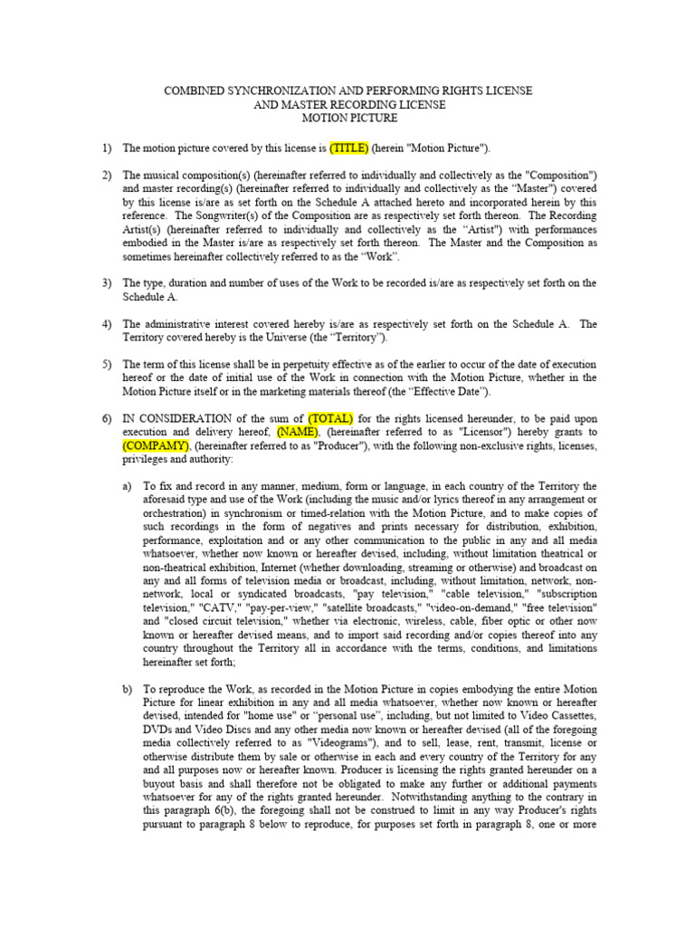 Motion Picture - Combo Synchronization and Master Use License | PDF ...