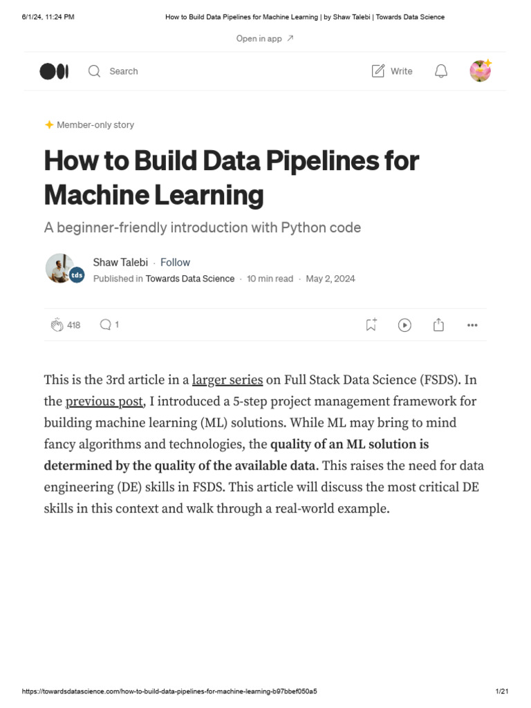 How To Build Data Pipelines For Machine Learning - by Shaw Talebi - Towards Data Science | PDF ...