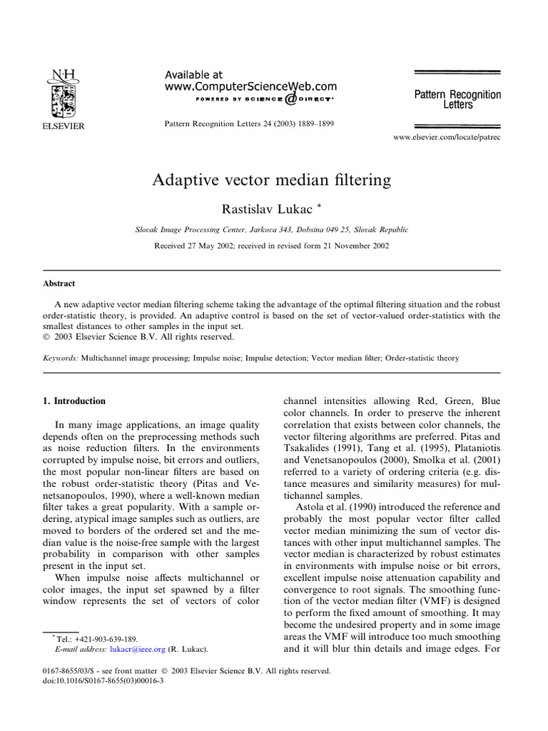 Adaptive Vector Median Filtering | PDF | Median | Filter (Signal ...